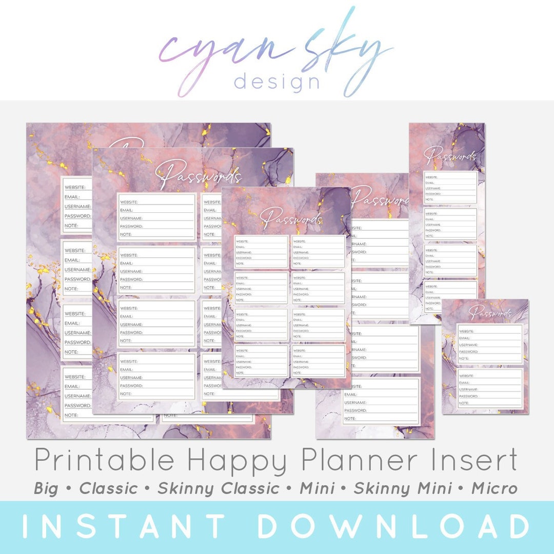 Passwords List Happy Planner Printable Insert Purple Gold Marble Big ...