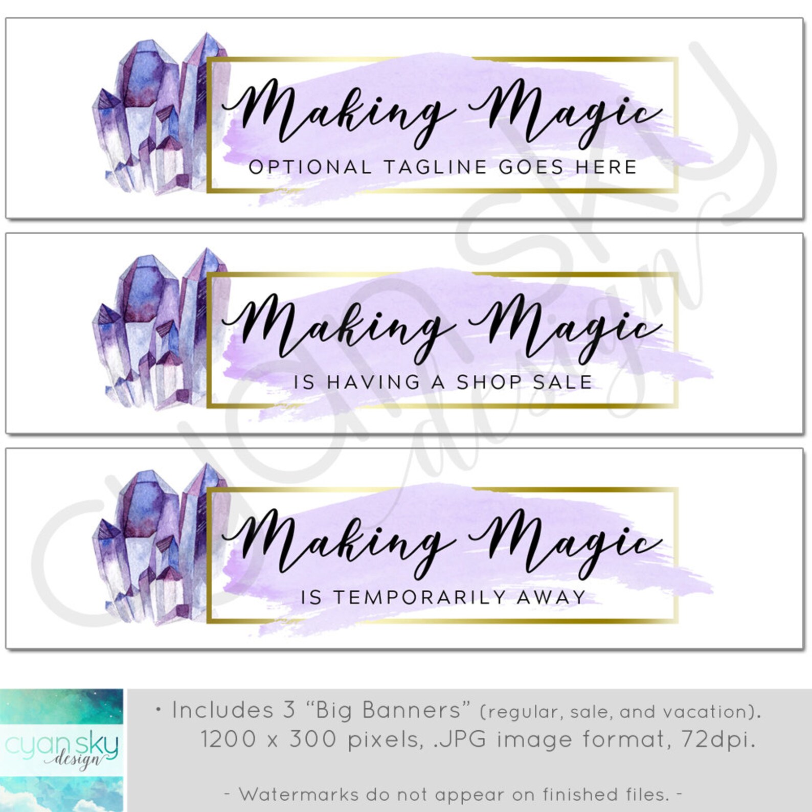 Purple Watercolor Crystals & Gold Shop Branding Banners - Etsy