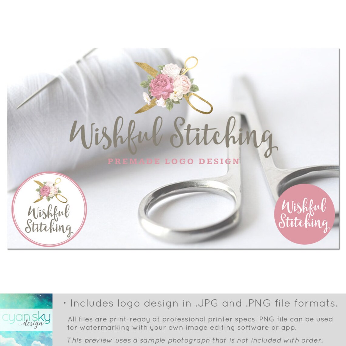 Floral Gold Sewing Scissors Logo & Watermark Premade Design - Etsy