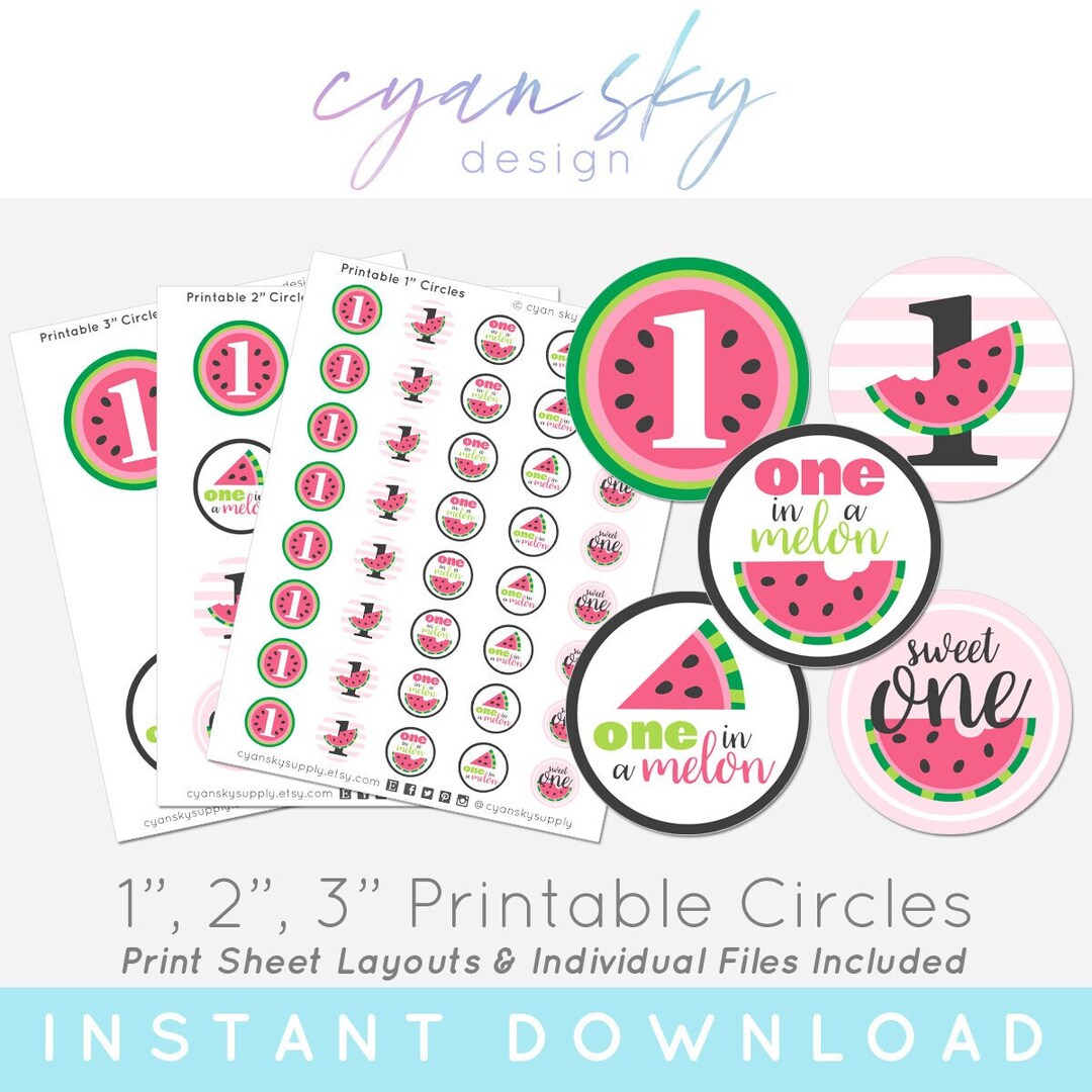 Watermelon One Melon 1st Birthday Printable Circles for Stickers ...