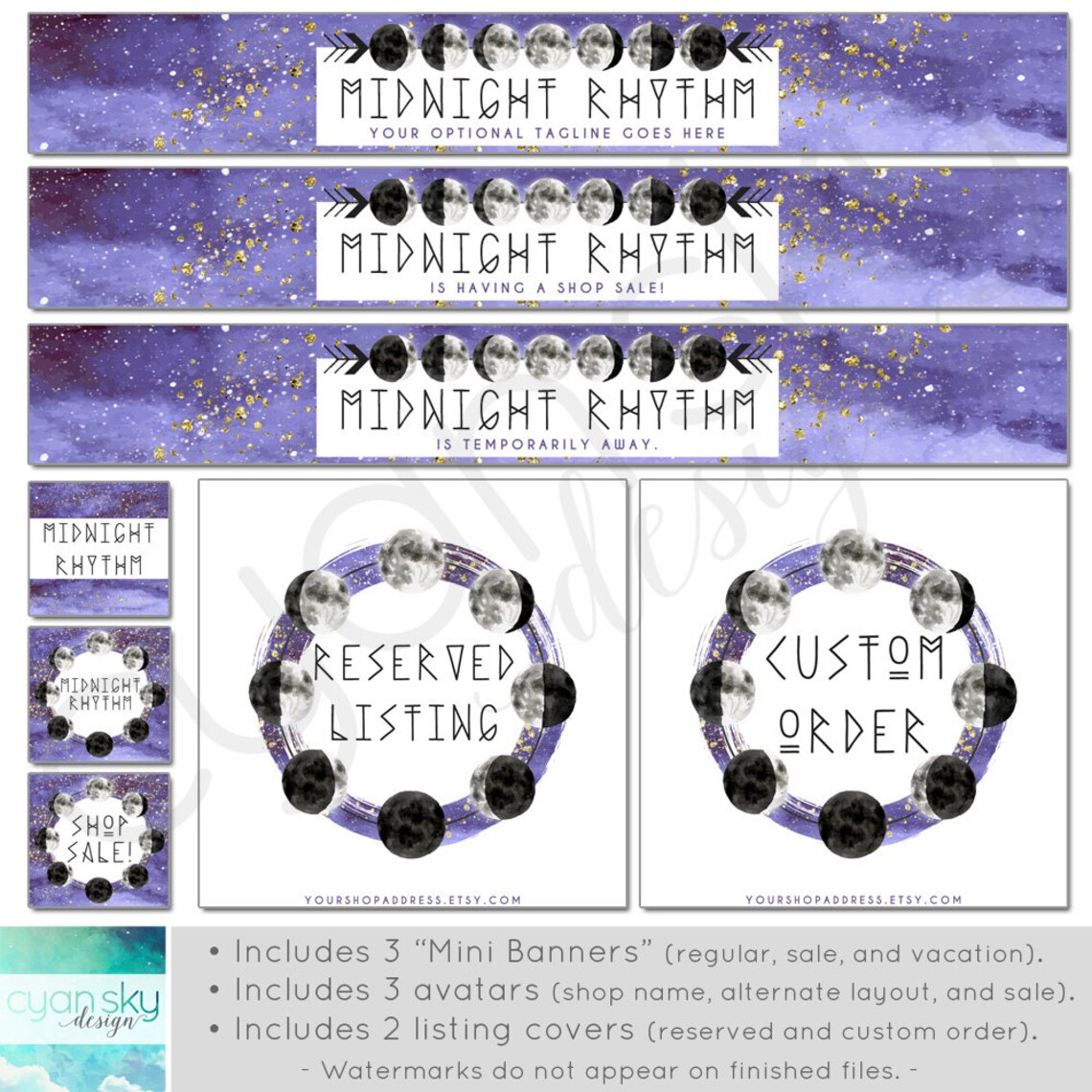 Watercolor Moon Lunar Cycle Shop Branding Banners Avatar - Etsy