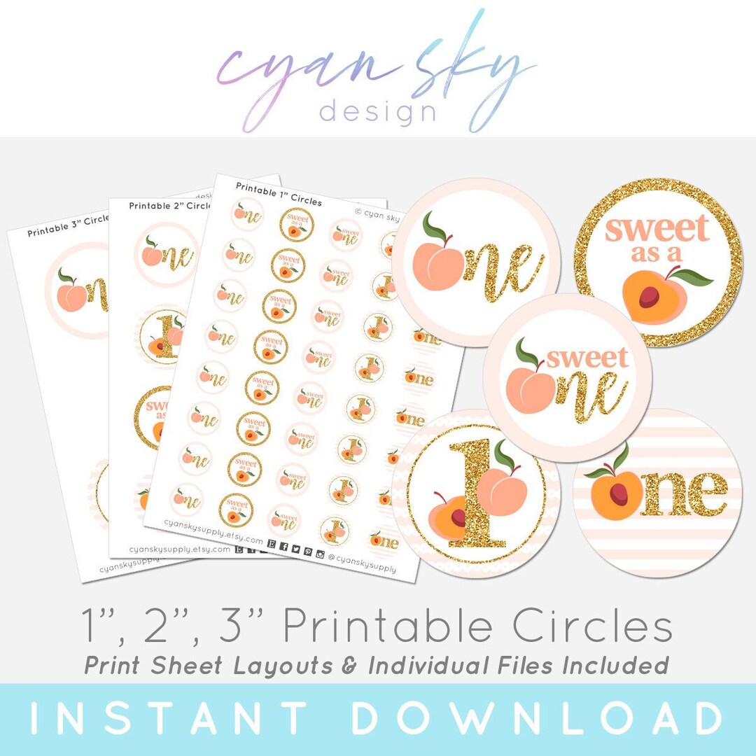 Sweet Peach One 1st Birthday Printable Circles for Stickers, Bottle ...