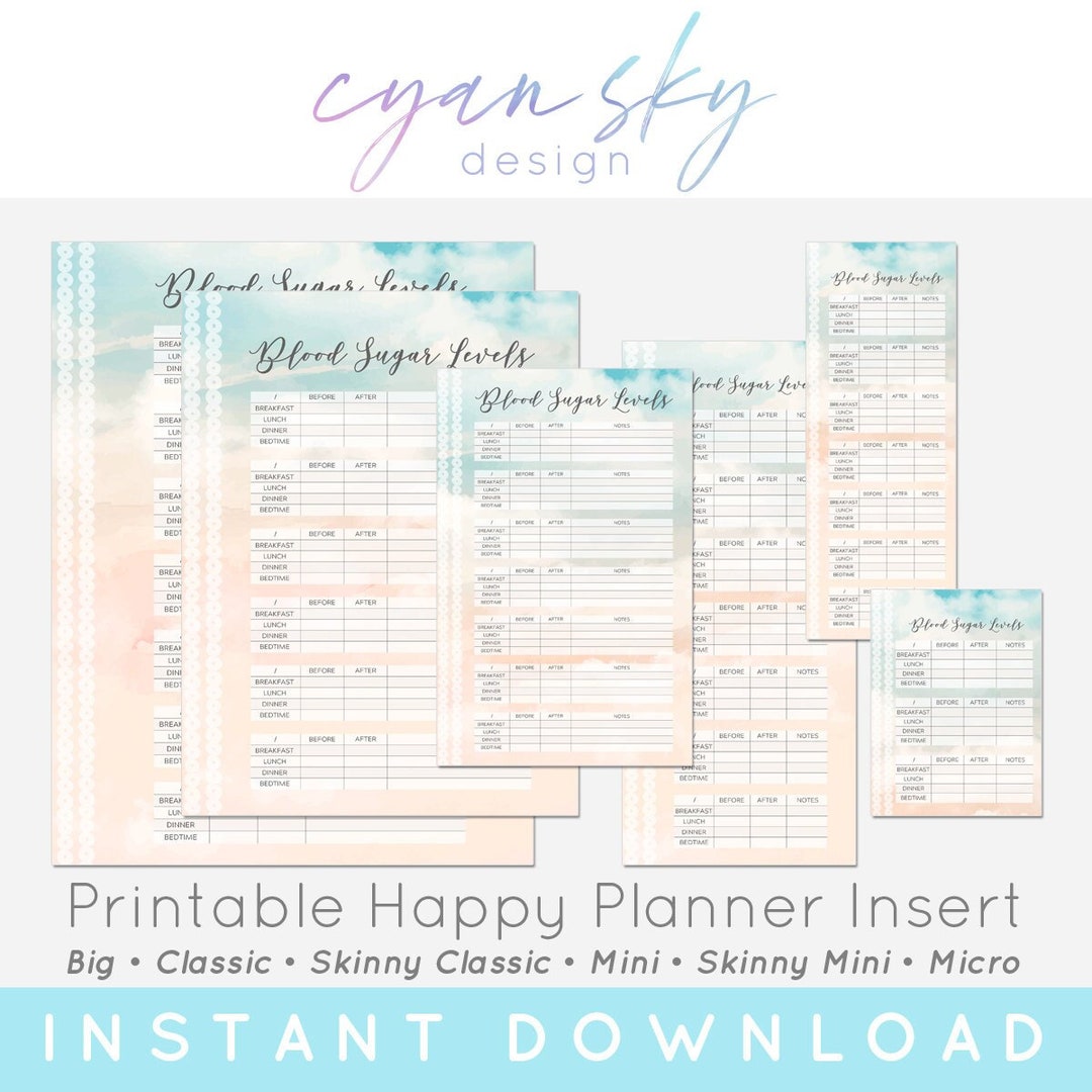 Blood Sugar Level Log Happy Planner Printable Insert • Watercolor Sky ...