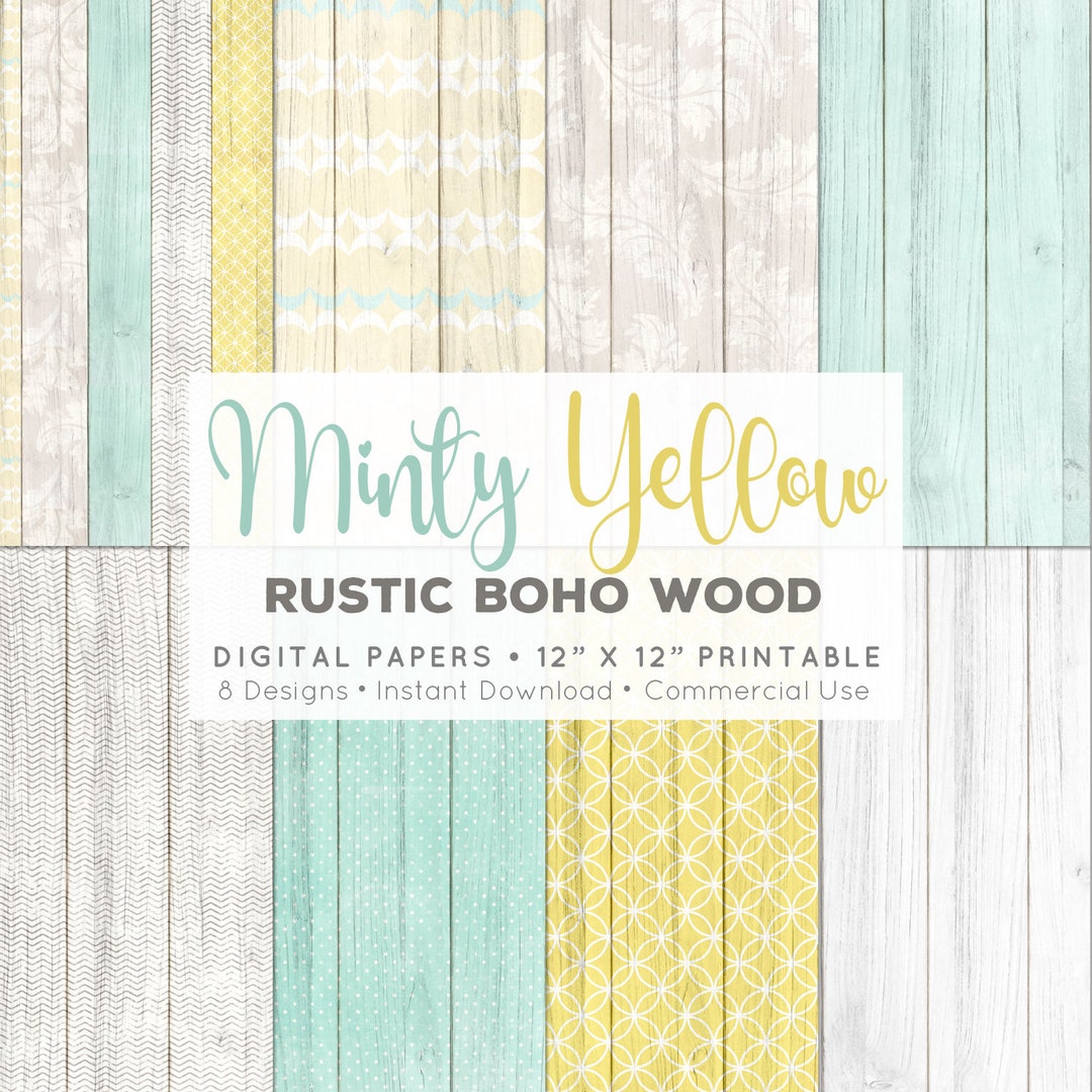Printable Digital Paper Pack • Mint & Yellow Rustic Boho Wood • 12" X ...