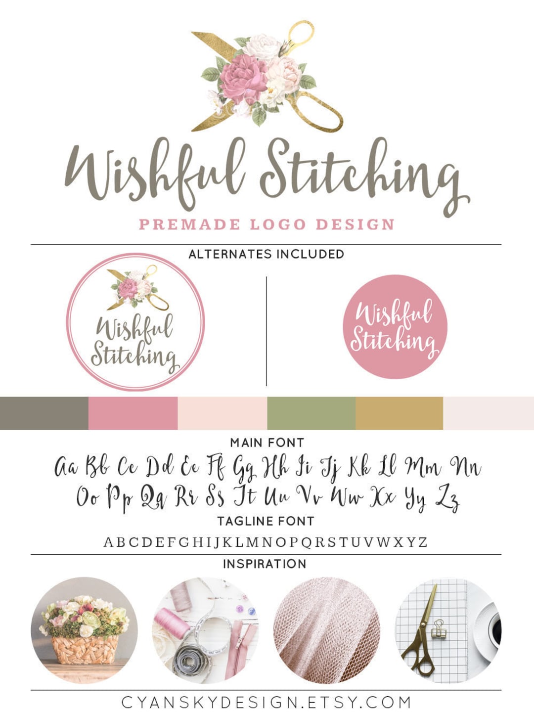 Floral Gold Sewing Scissors Logo & Watermark Premade Design - Custom ...