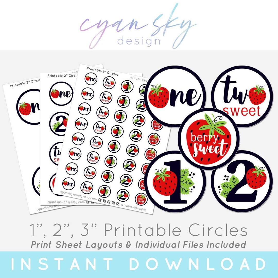 Sweet Strawberry 1st 2nd Birthday Printable Circles for Stickers ...