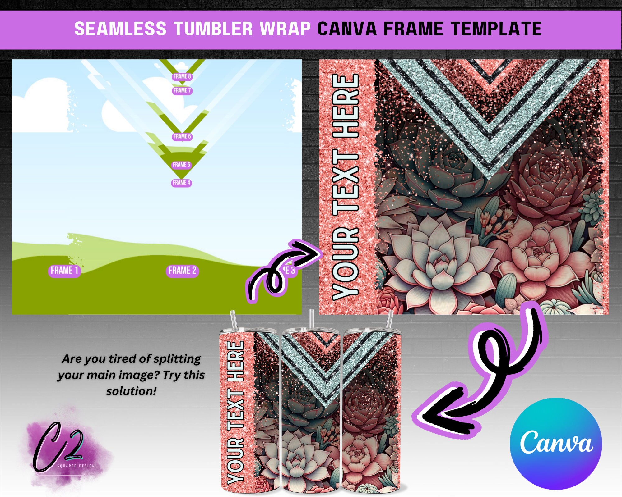 Design-ready V-split Tumbler: Seamless Canva Frame Personalization - Etsy