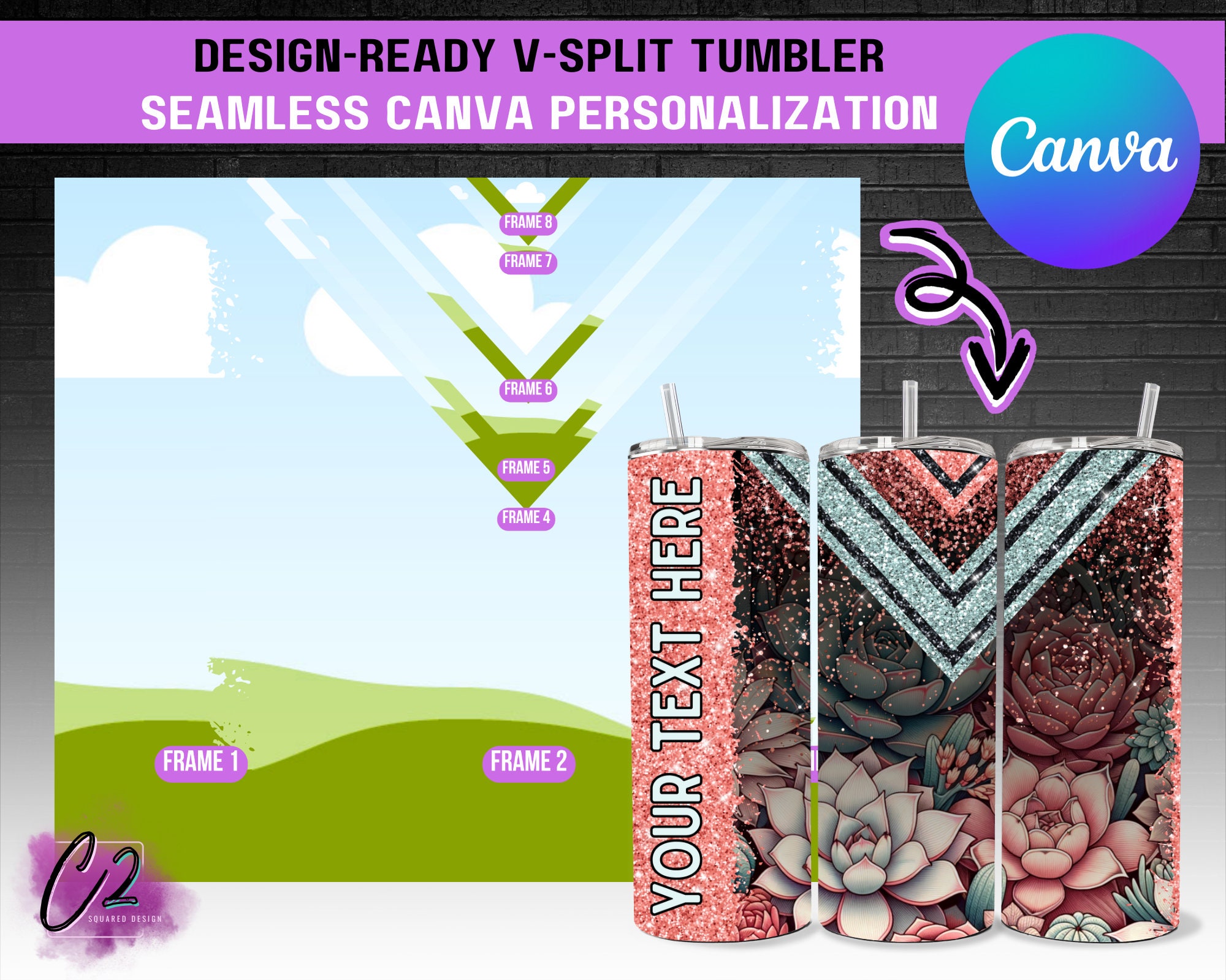 Design-ready V-split Tumbler: Seamless Canva Frame Personalization - Etsy