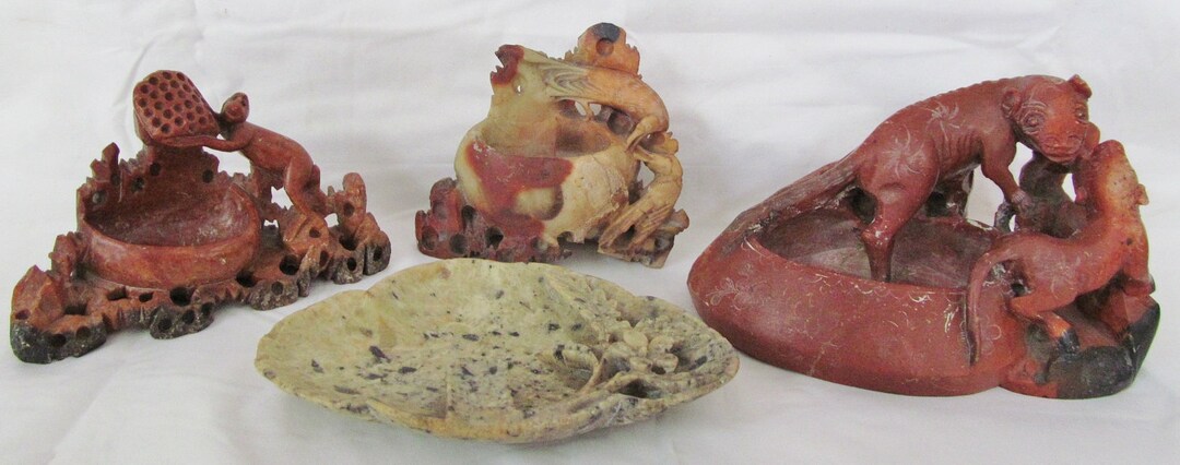 FOUR Antique Chinese Soapstone Ink Pot C.1860-1900 Hand Carved Animals ...