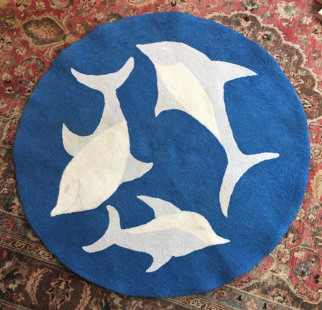 48 Rug Dolphins Coastal Handmade Hand Hooked Ex. Cond. - Etsy