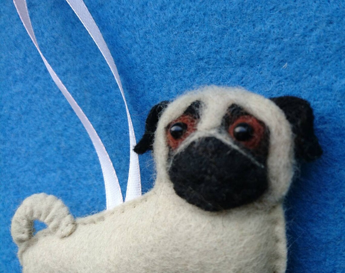 Felt Pug dog hanging ornament. Needle felted fur and Soil | Etsy