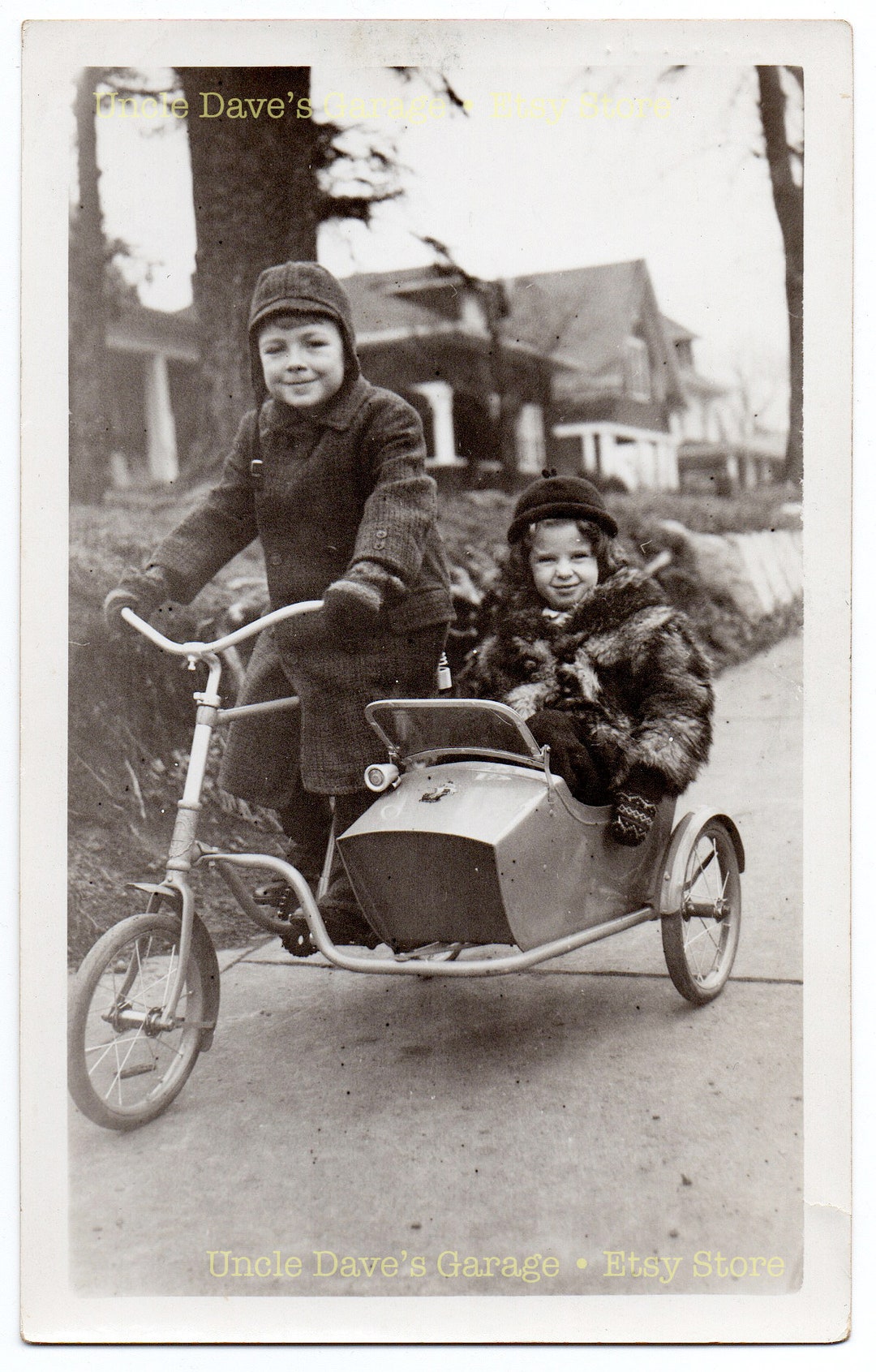 Happy Boy & Girl in Sidecar Tricycle ~ 1940s-1950s Vintage Snapshot ...