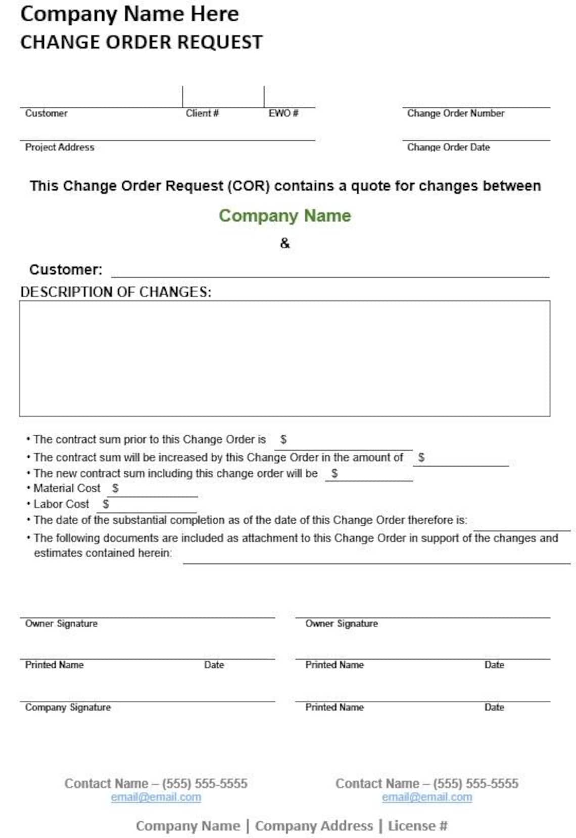 Construction Change Order Template: Editable Contractor Form (PDF ...