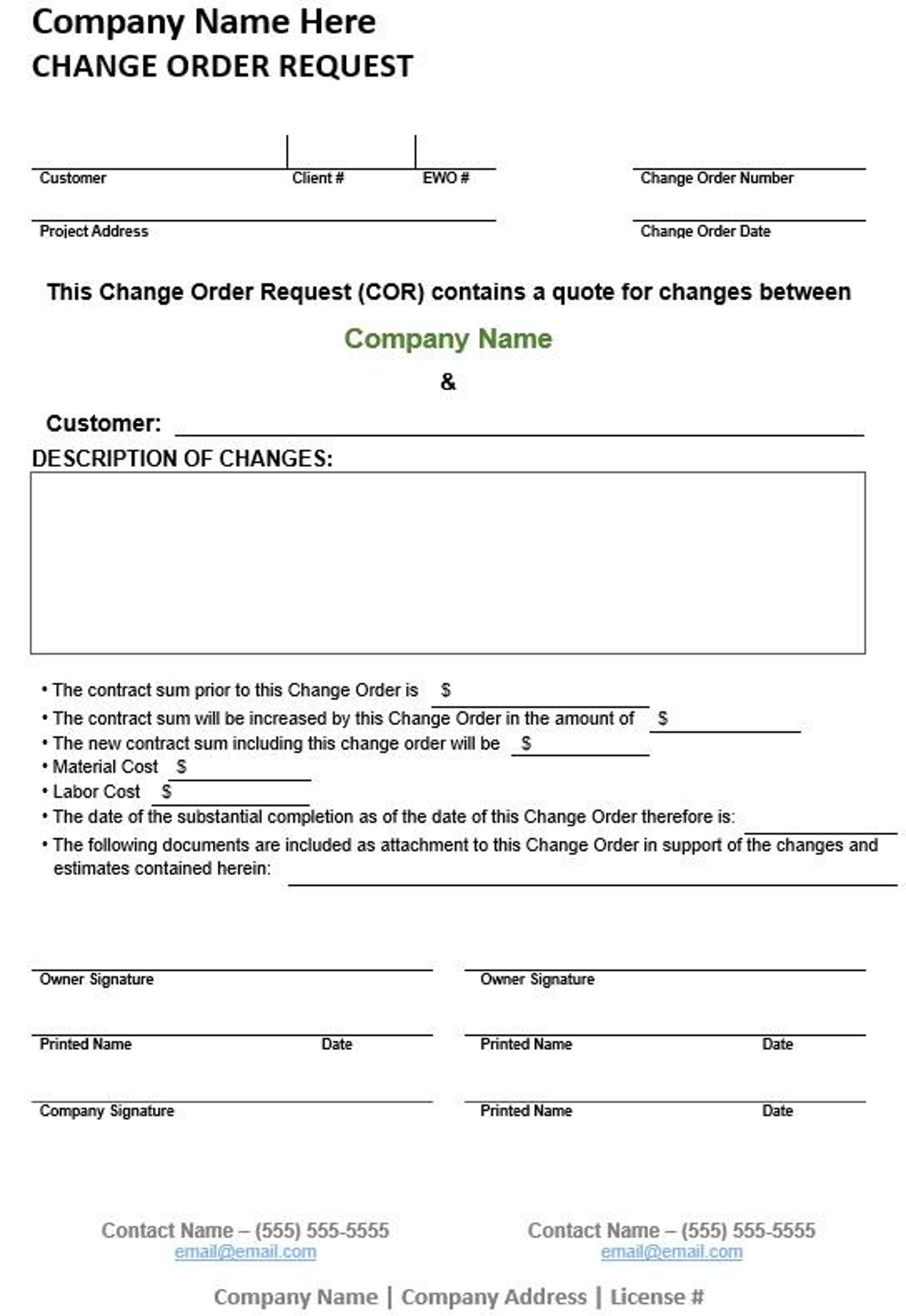 Construction Change Order Template: Editable Contractor Form (PDF ...