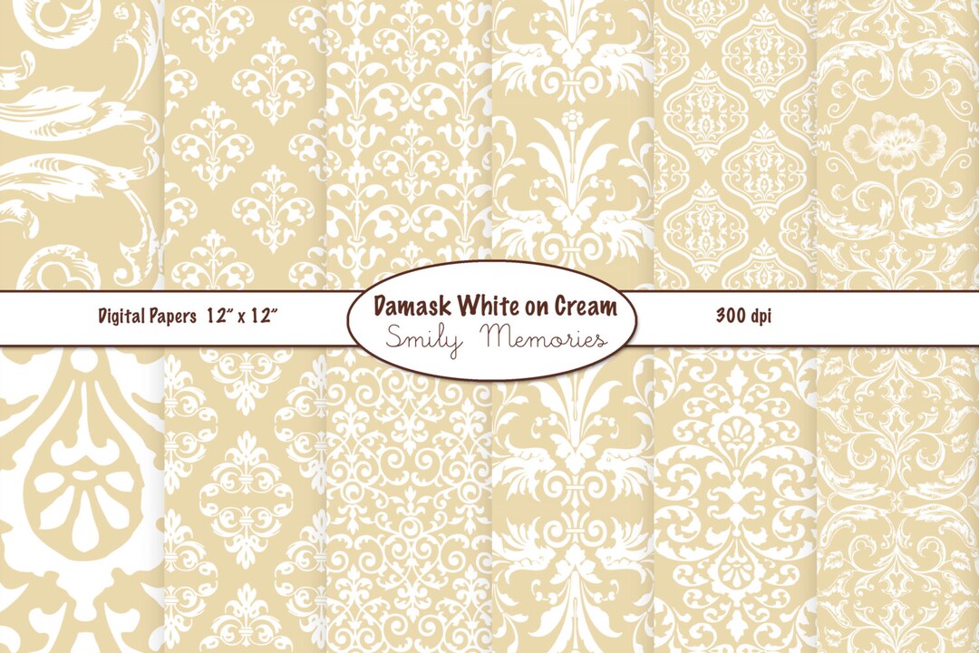 Damask White on Cream Digital Paper Pack 12" X 12" for Scrapbooking ...