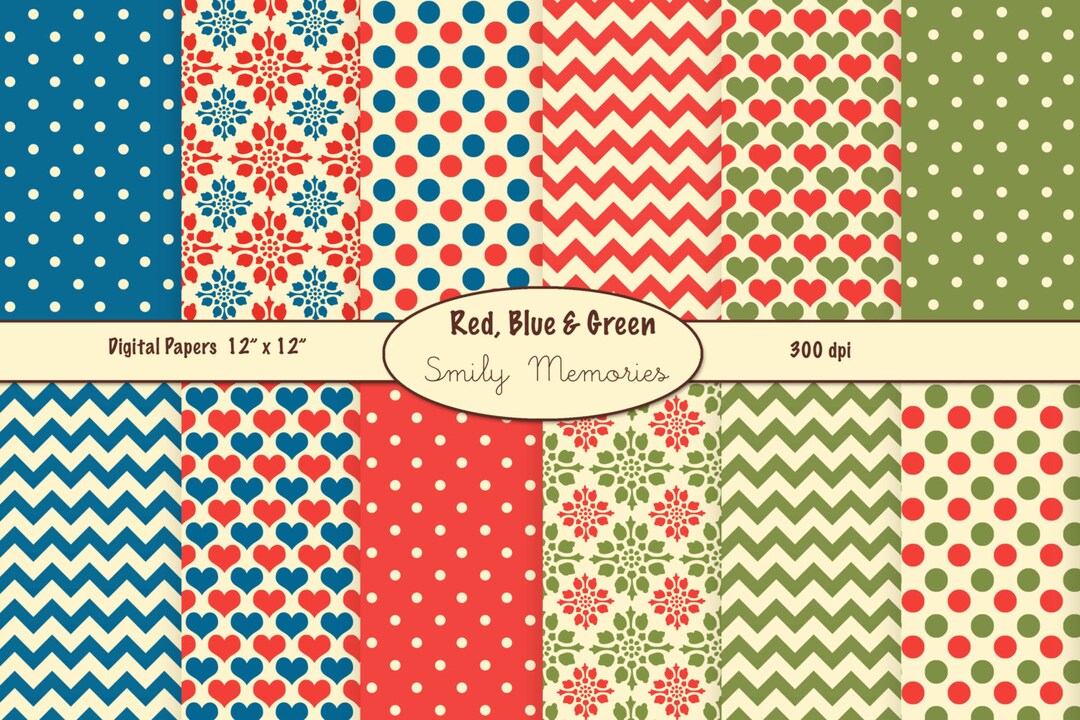 Vintage Red, Blue, Green Digital Paper Pack (instant Download) - Etsy