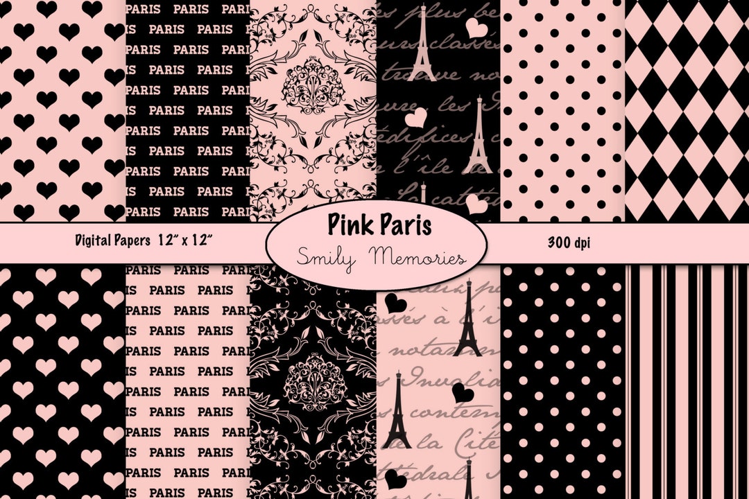 Pink & Black Paris Digital Paper Pack 12" X 12" for Scrapbook, Junk ...