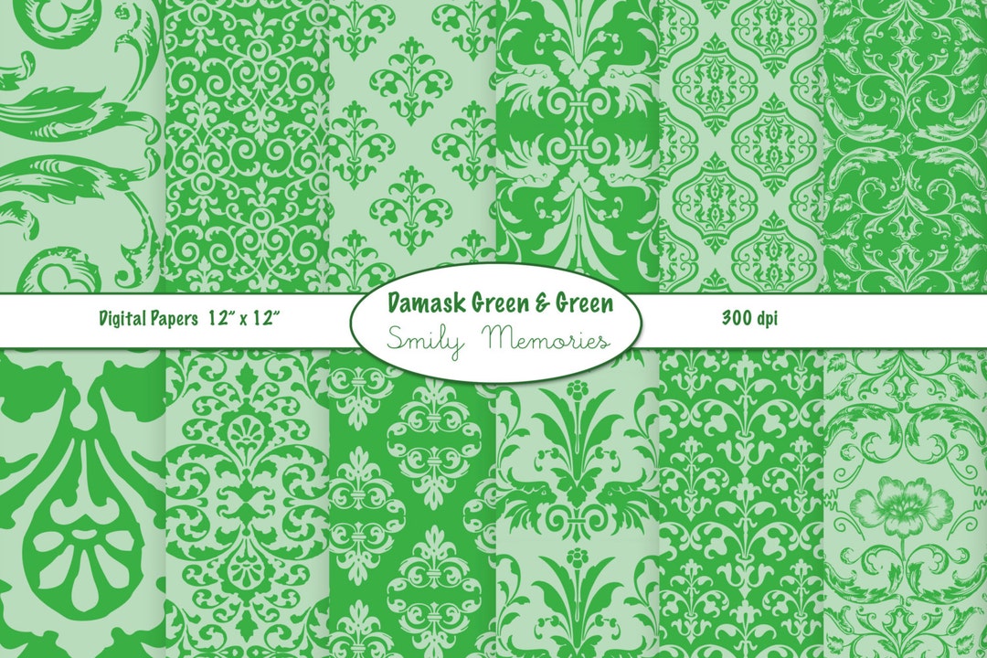 Green Damask Digital Paper Pack 12" X 12" Commercial Use, Instant ...