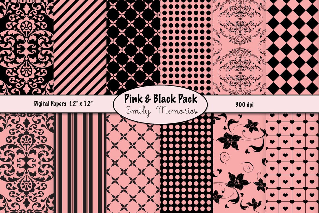 Instant Download Pink & Black Pack ,digital Paper Pack 12" X 12" JPEG ...