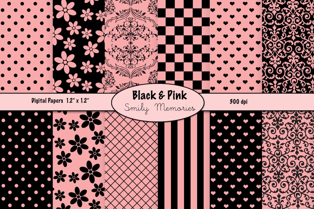 Black & Pink , Printable Digital Paper Pack 12" X 12" for Scrapbook ...