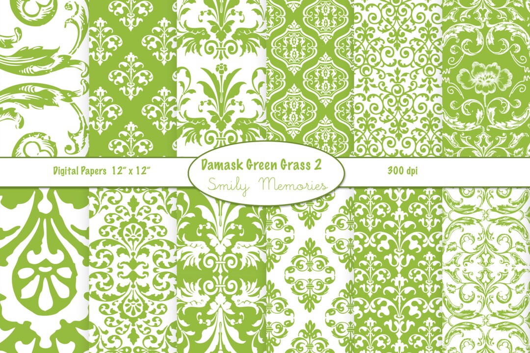 Green Damask Digital Paper Pack, Scrapbook Background (digital Download ...