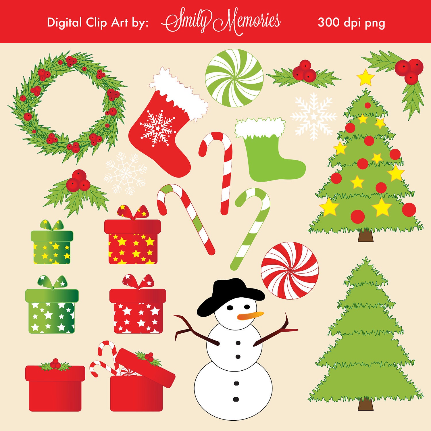 Christmas Digital Clip Art PNG and 3 Digital Paper Sheets 12 X 12 ...