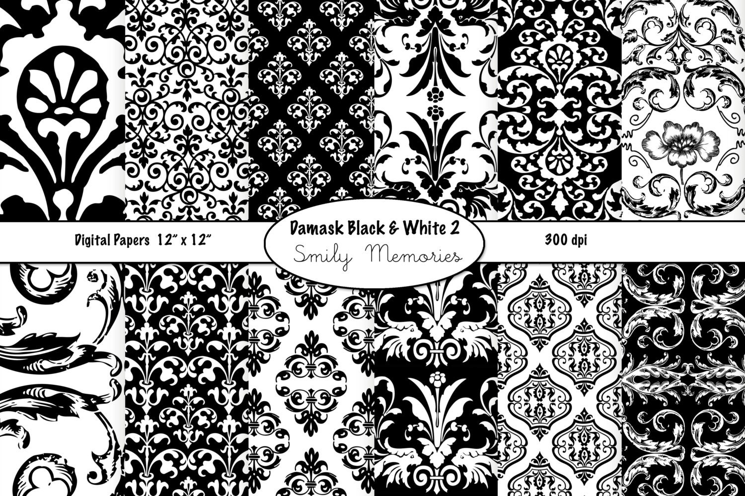 Damask Black & White 2 Digital Paper Pack 12" X 12" for Card Design ...