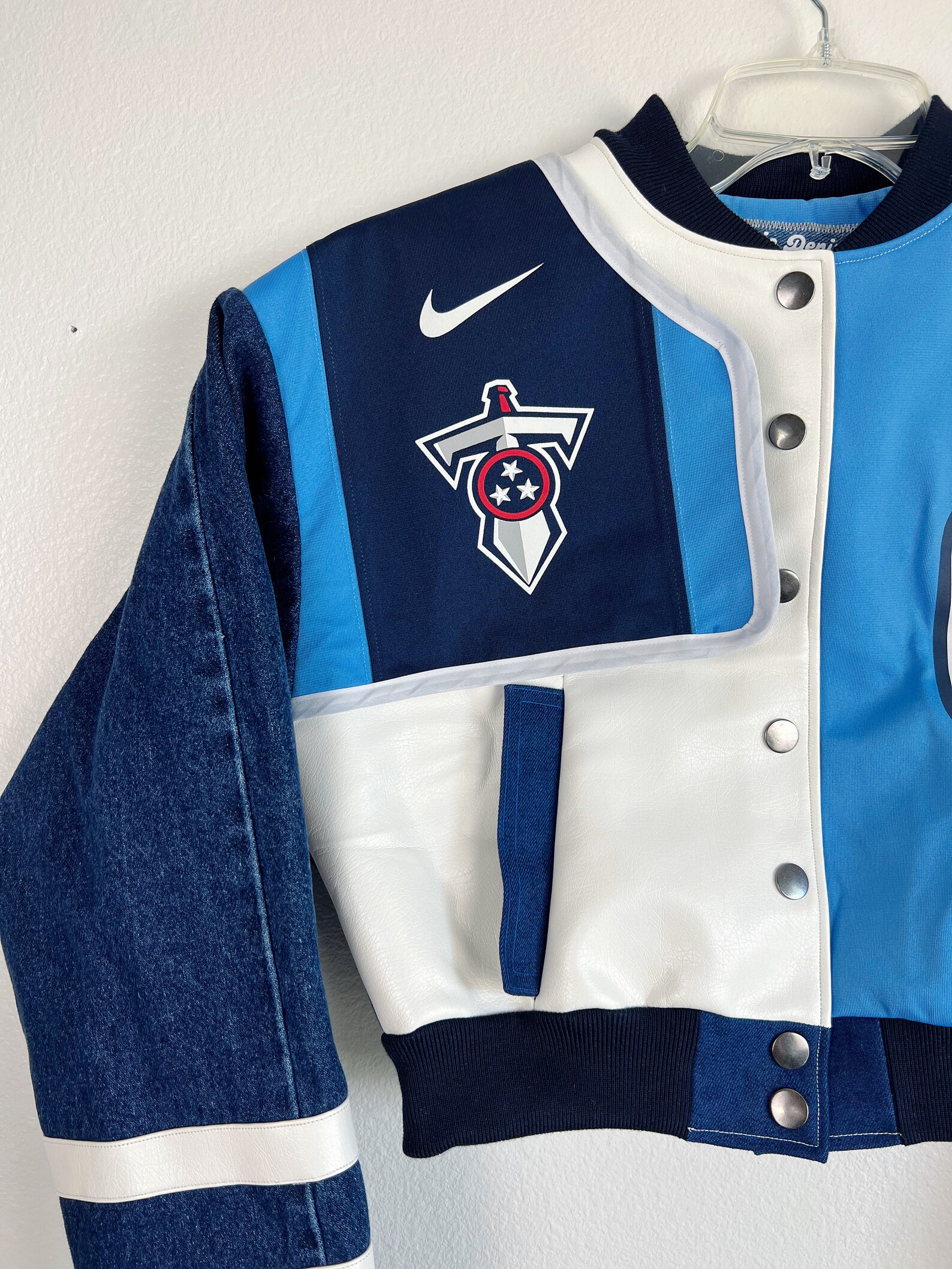 Reworked Titans Jacket – Cropped Sports Patchwork Bomber With Denim ...