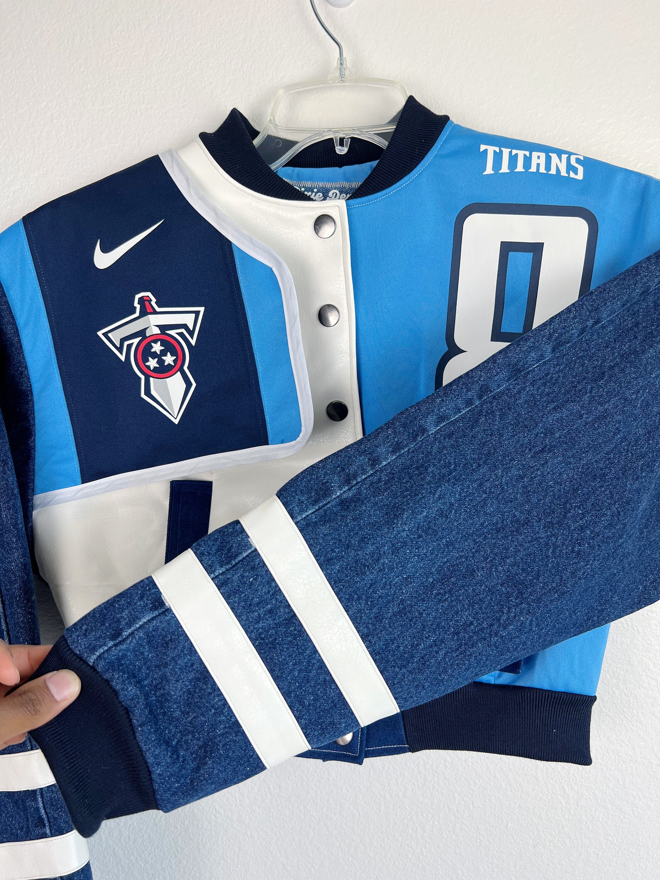 Reworked Titans Jacket – Cropped Sports Patchwork Bomber With Denim ...