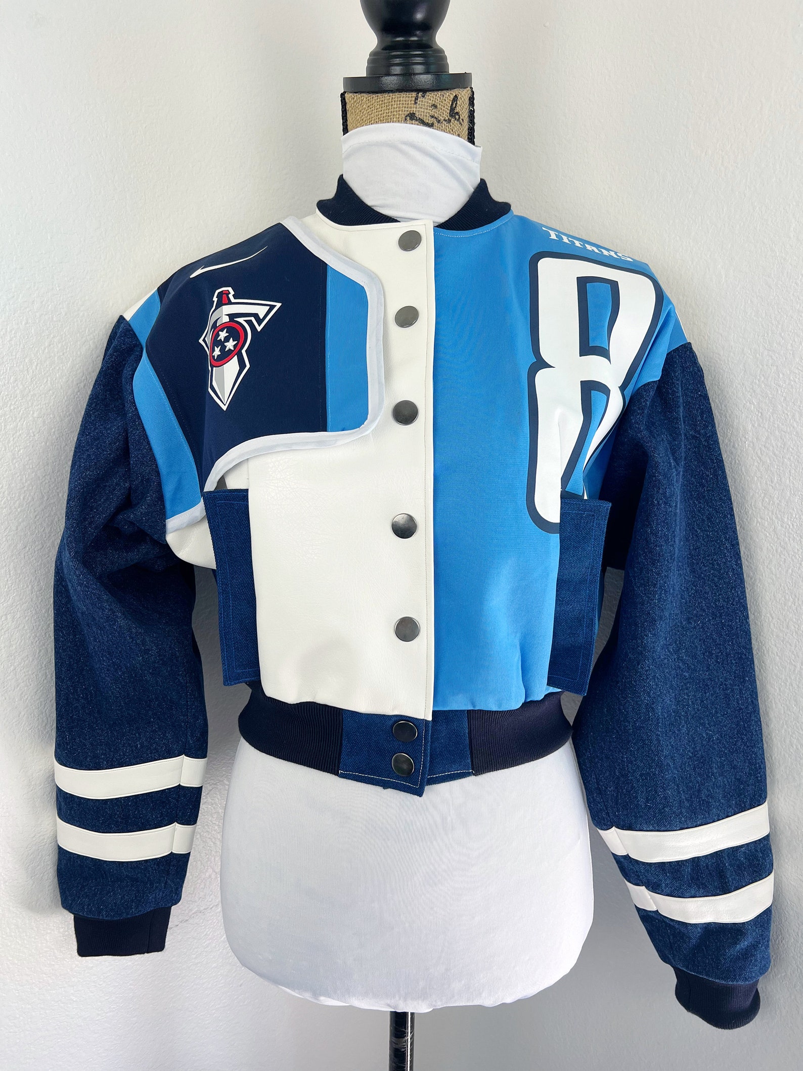 Reworked Titans Jacket – Cropped Sports Patchwork Bomber With Denim ...