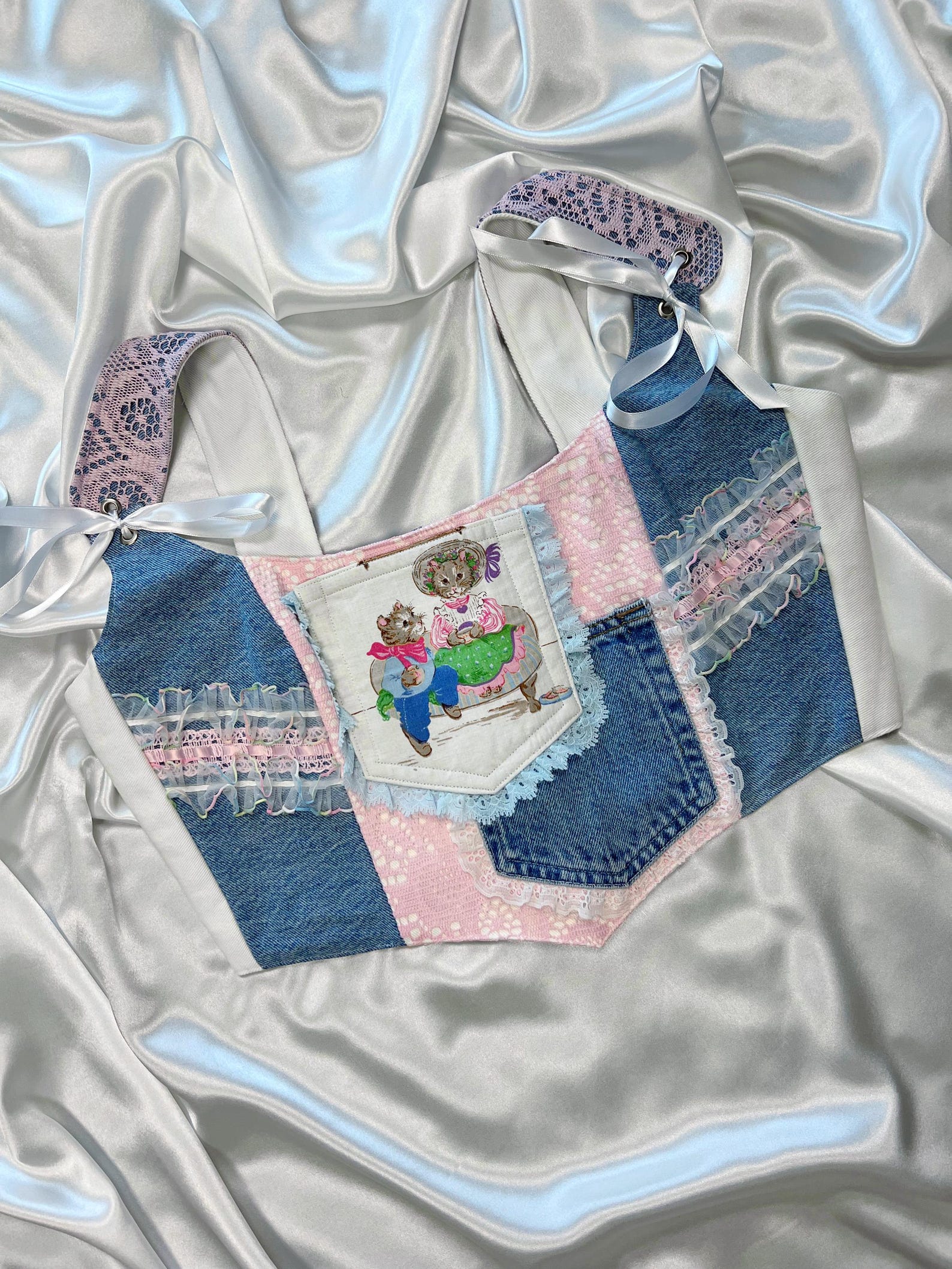 Handmade Patchwork Corset Top – Cottagecore Denim & Lace Bustier With ...