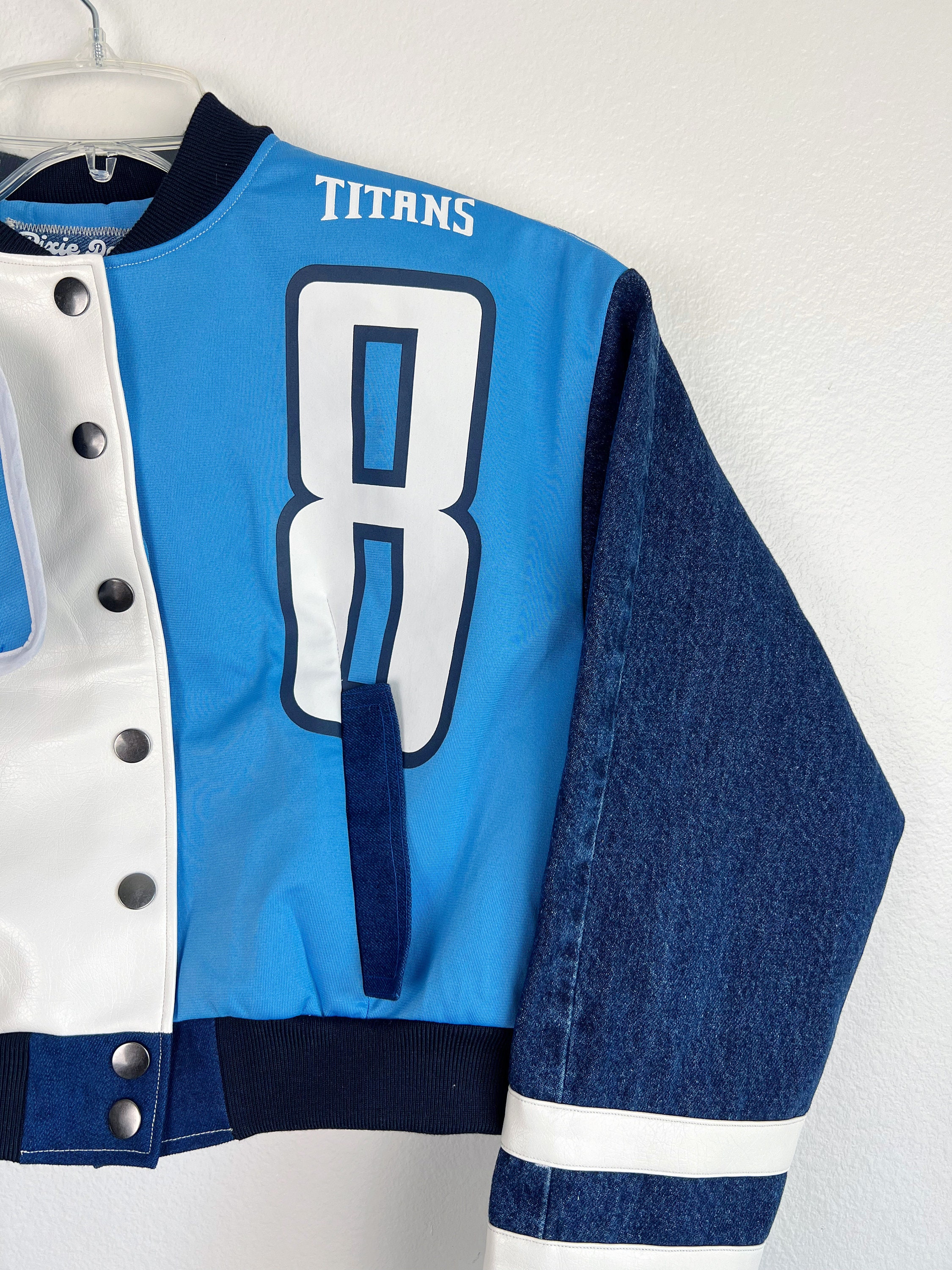 Reworked Titans Jacket – Cropped Sports Patchwork Bomber With Denim ...