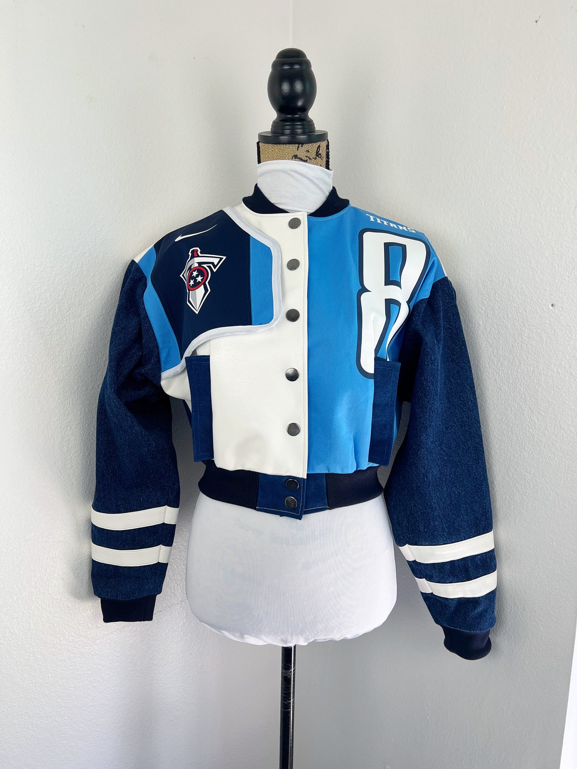 Reworked Titans Jacket – Cropped Sports Patchwork Bomber With Denim ...