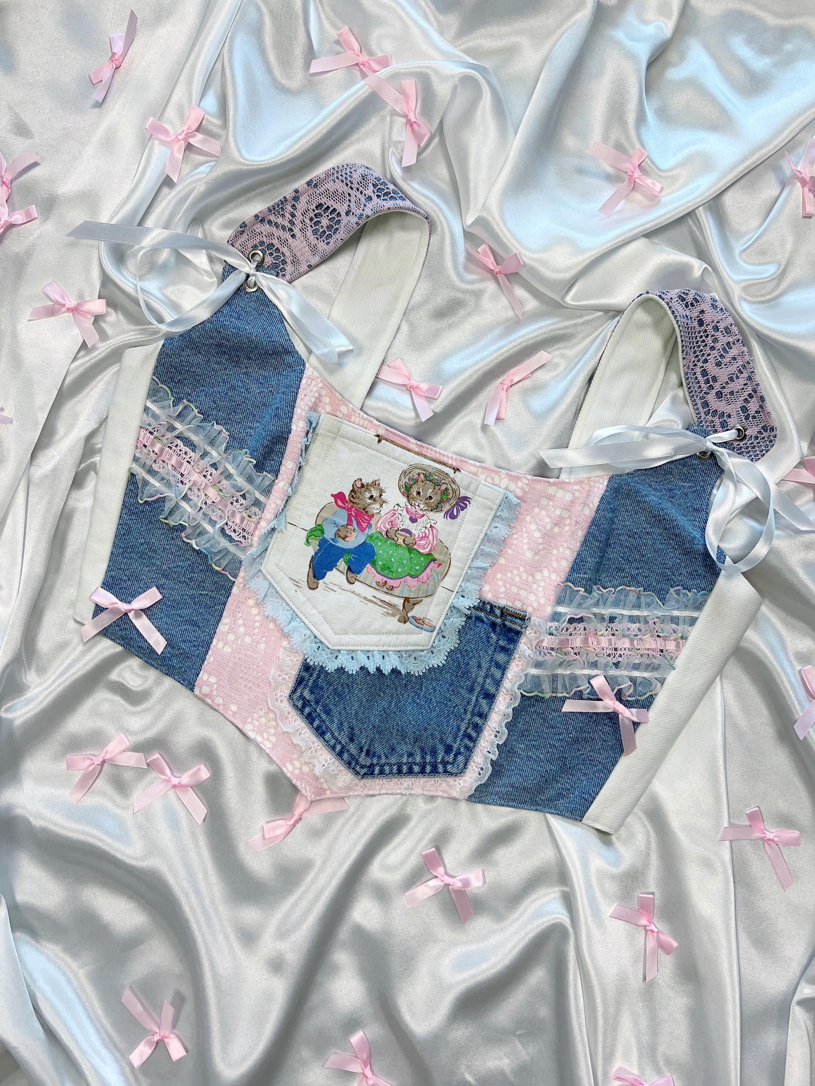 Handmade Patchwork Corset Top – Cottagecore Denim & Lace Bustier With ...