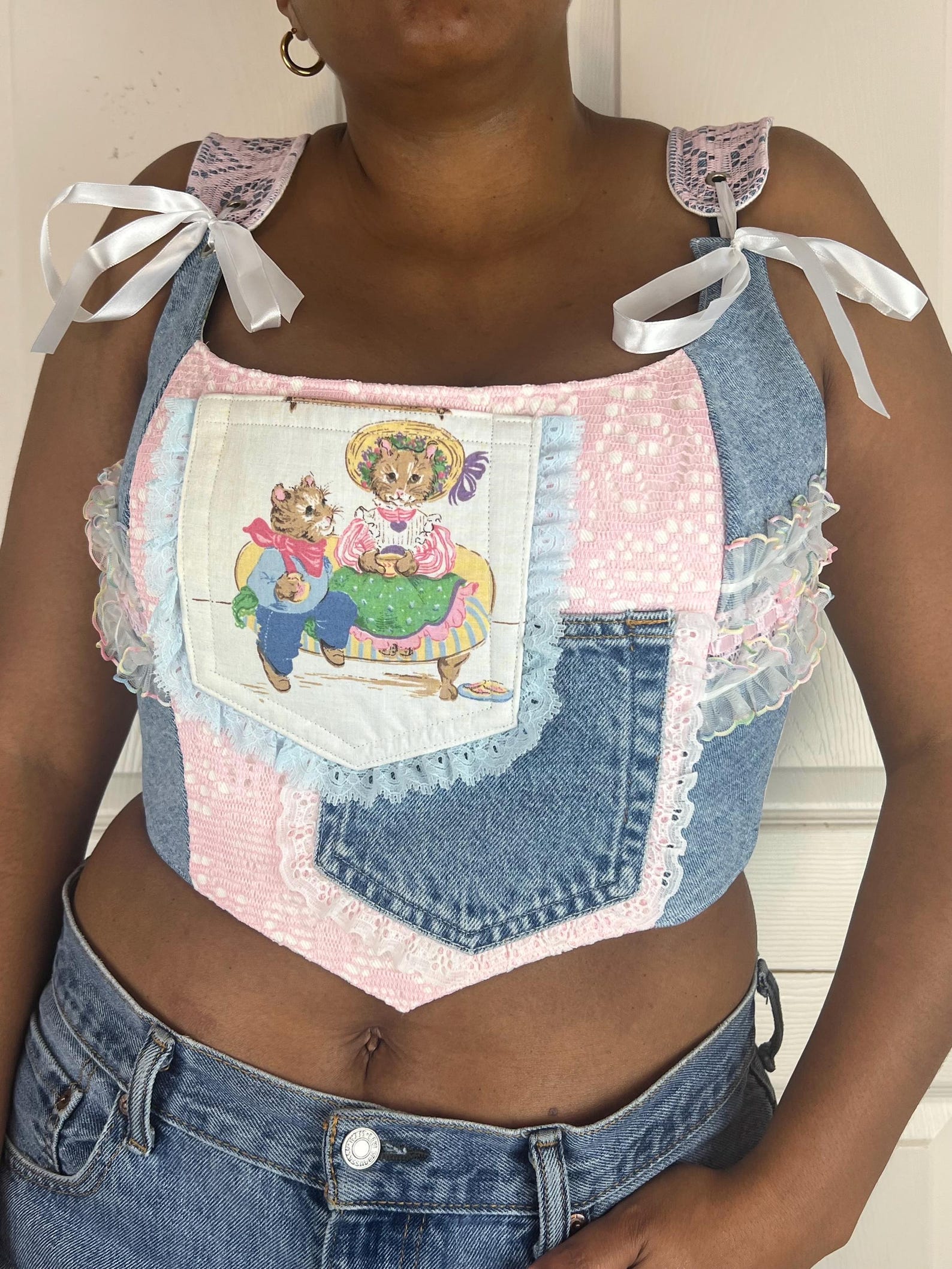 Handmade Patchwork Corset Top – Cottagecore Denim & Lace Bustier With ...