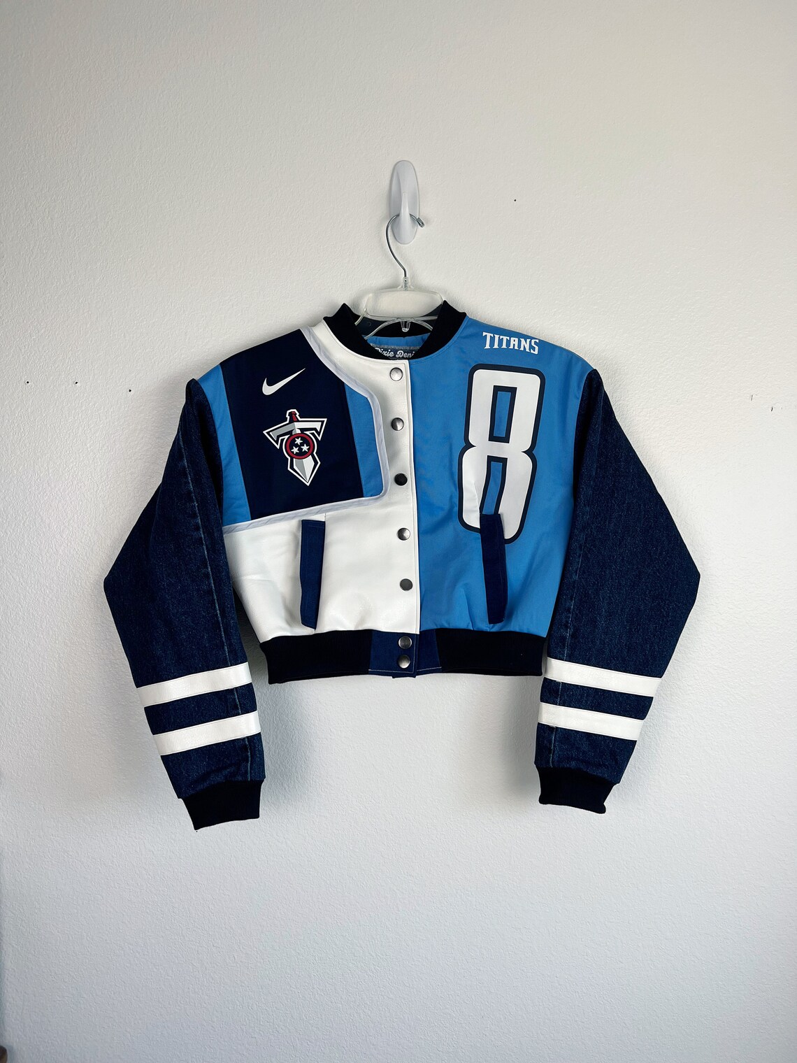 Reworked Titans Jacket – Cropped Sports Patchwork Bomber With Denim ...