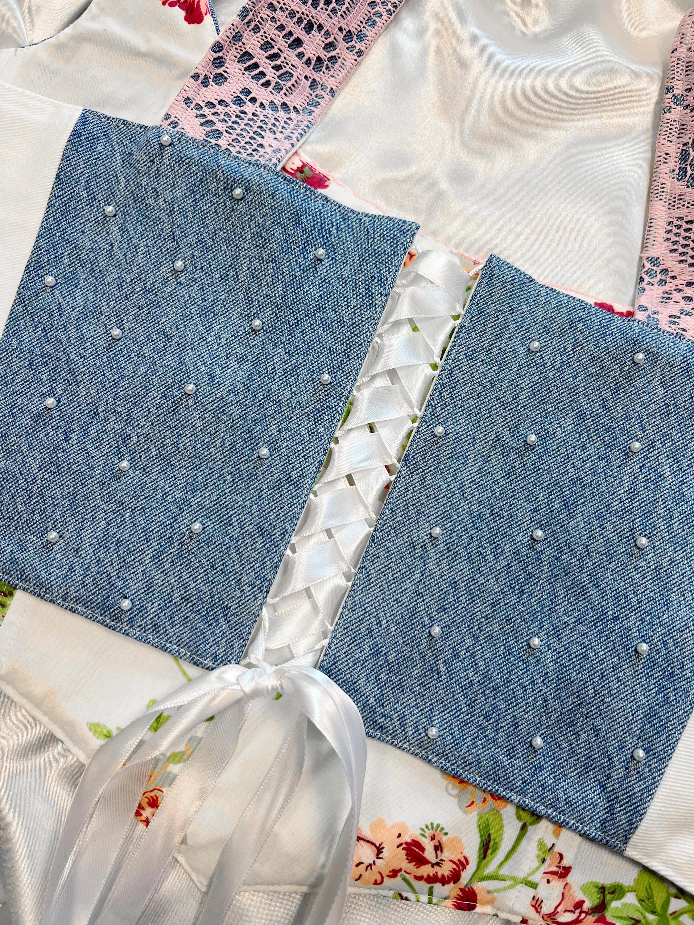Handmade Patchwork Corset Top – Cottagecore Denim & Lace Bustier With ...