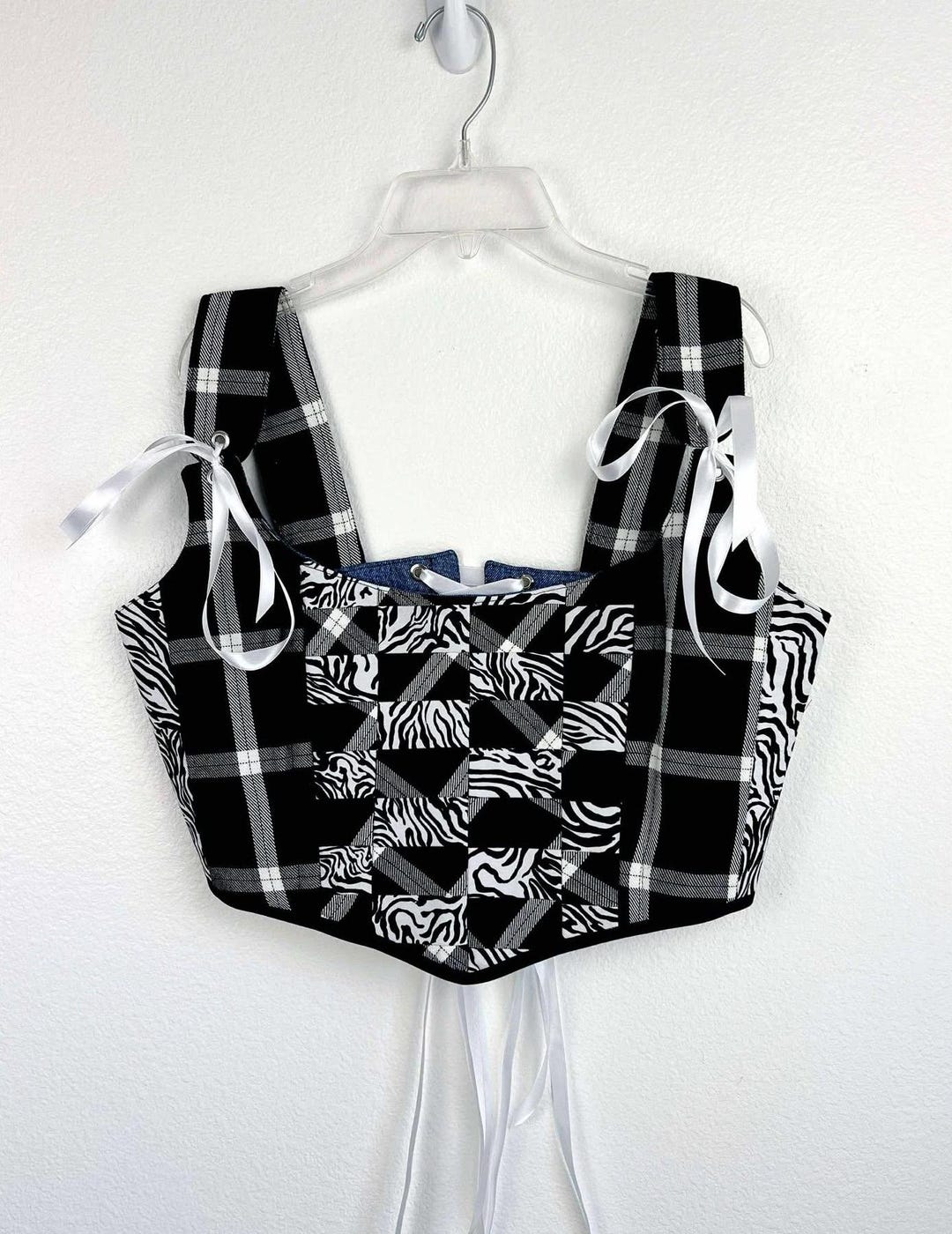 Patchwork Corset Top – Black Plaid Zebra Bustier – Y2K Grunge Corset ...