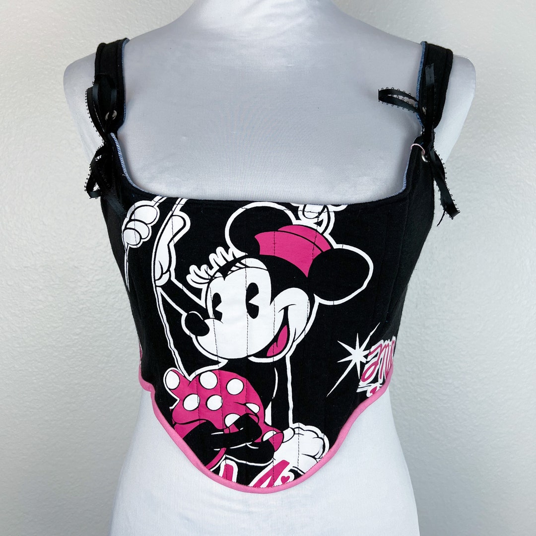 Upcycled Minnie Mouse Corset Top • Black & Denim Disney Corset • Pink ...
