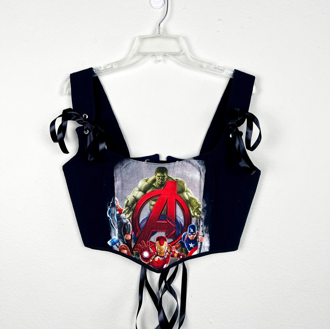 Reworked Avengers Corset Top – Handmade Superhero Bustier With Ribbon ...