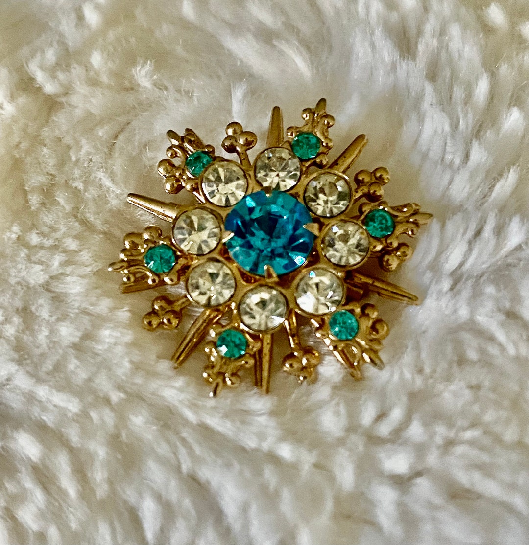 VINTAGE STARBURST RHINESTONE Brooch Pin Charming Turquoise/clear ...