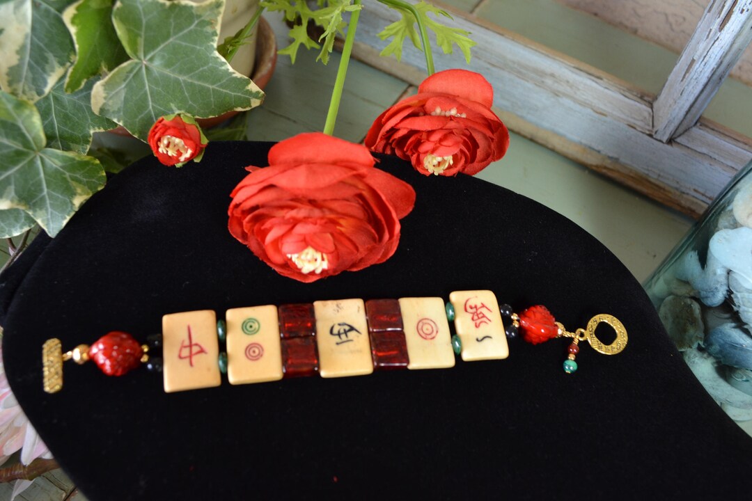 Unique Chinese Mahjong Tile Look Bracelet Red Roses, Onyx Rounds, Gold ...