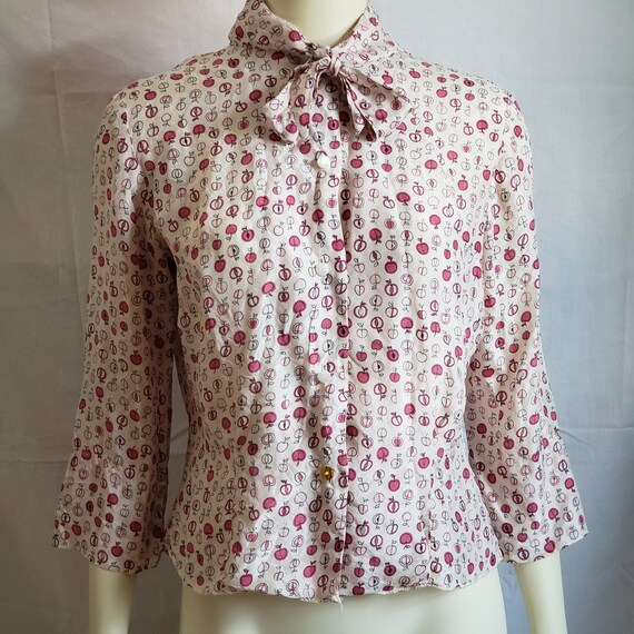 1950s Silk Feel Apple Print Blouse with Bow by Retay … - Gem