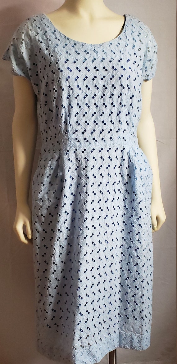 1950s Blue Eyelet Dress by Ann Colby with Slip / XL - Gem