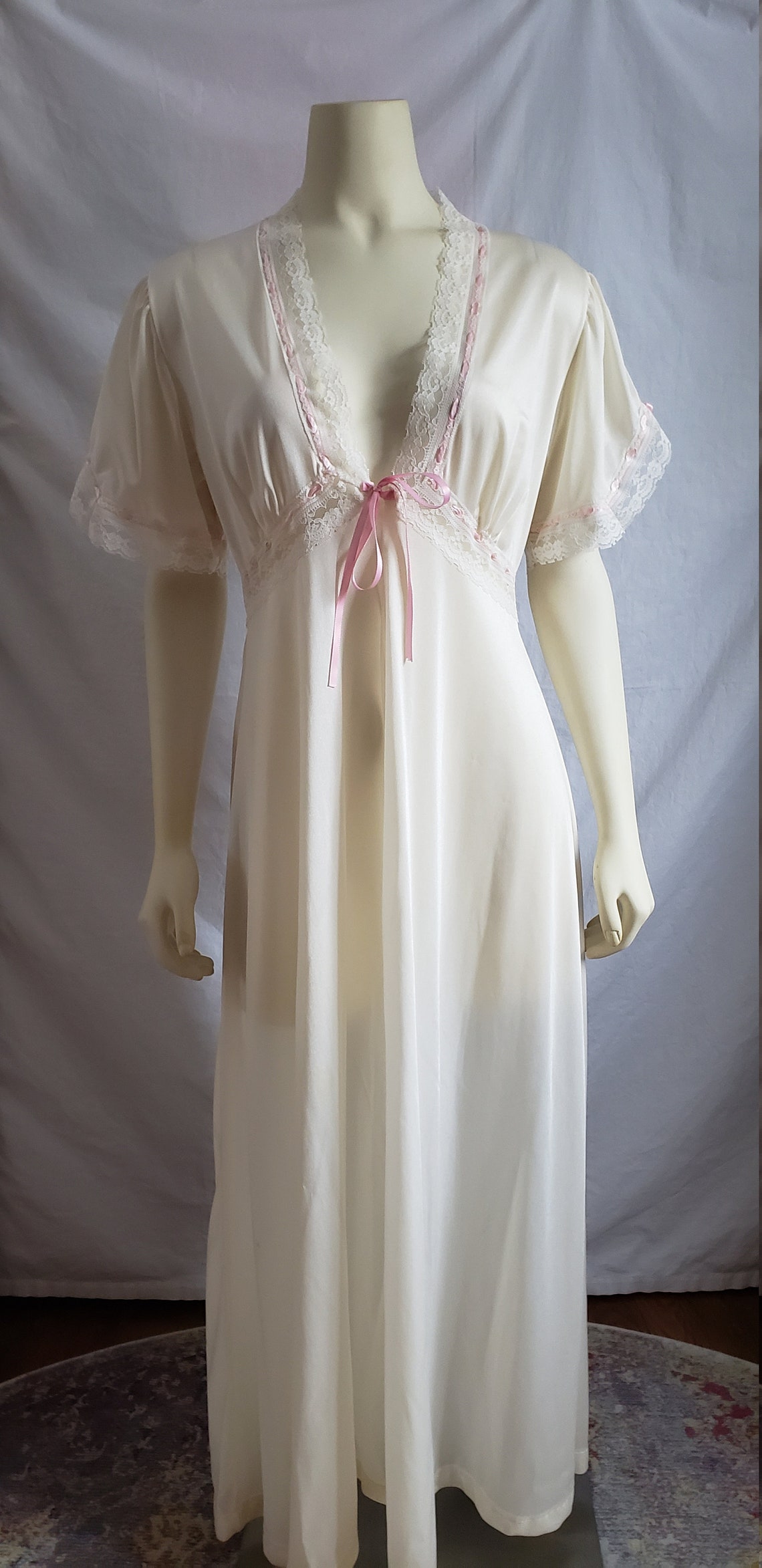 60s 70s Sheer Cream Night Gown With Pink Ribbon And Lace By Etsy