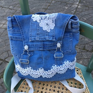 Lace Trimmed Denim Backpack Made From Bib Overalls. - Etsy