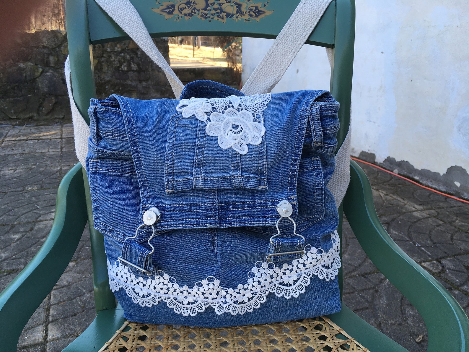 Lace Trimmed Denim Backpack Made From Bib Overalls. - Etsy