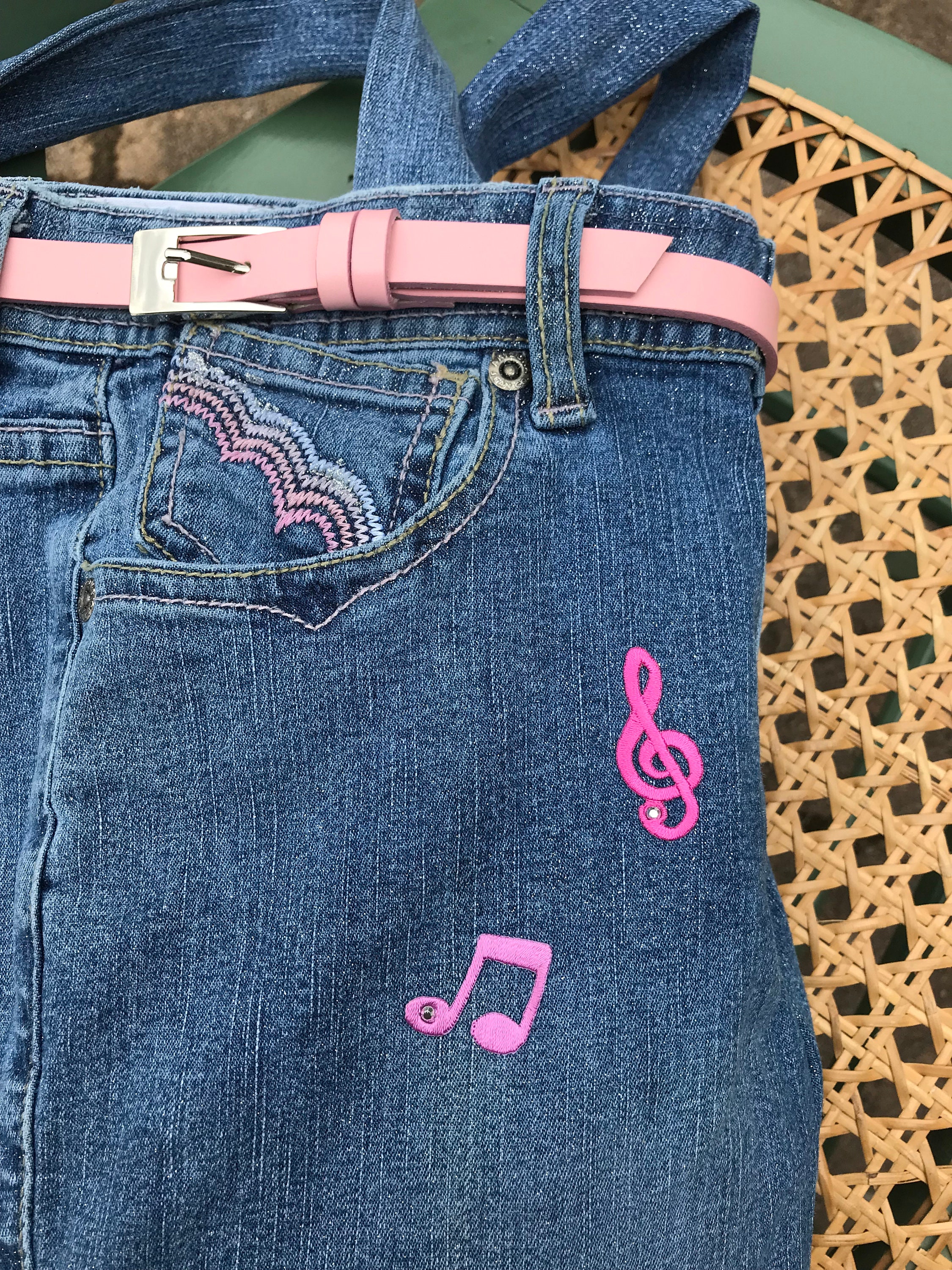 Denim Jeans Handbag - Musical Notes - Silver Glitz in Denim - Pink ...