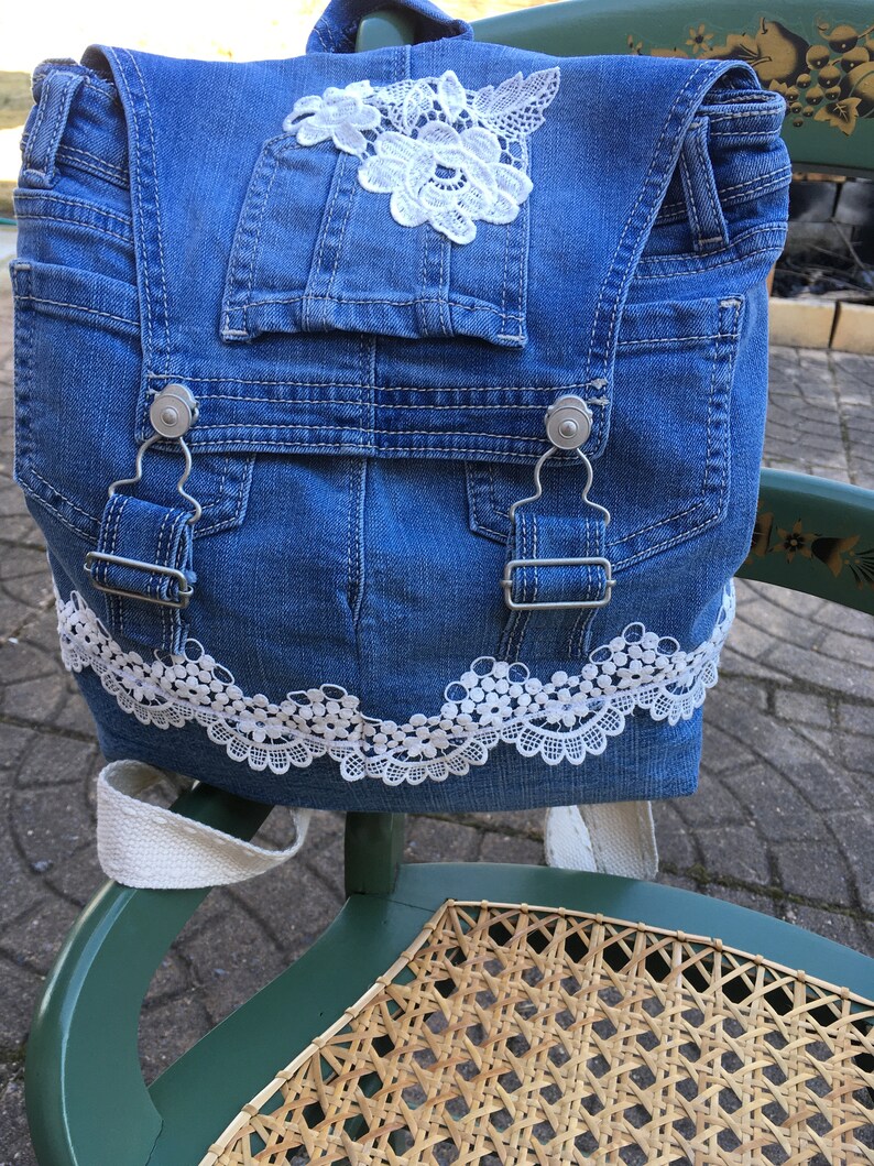 Lace Trimmed Denim Backpack Made From Bib Overalls. - Etsy