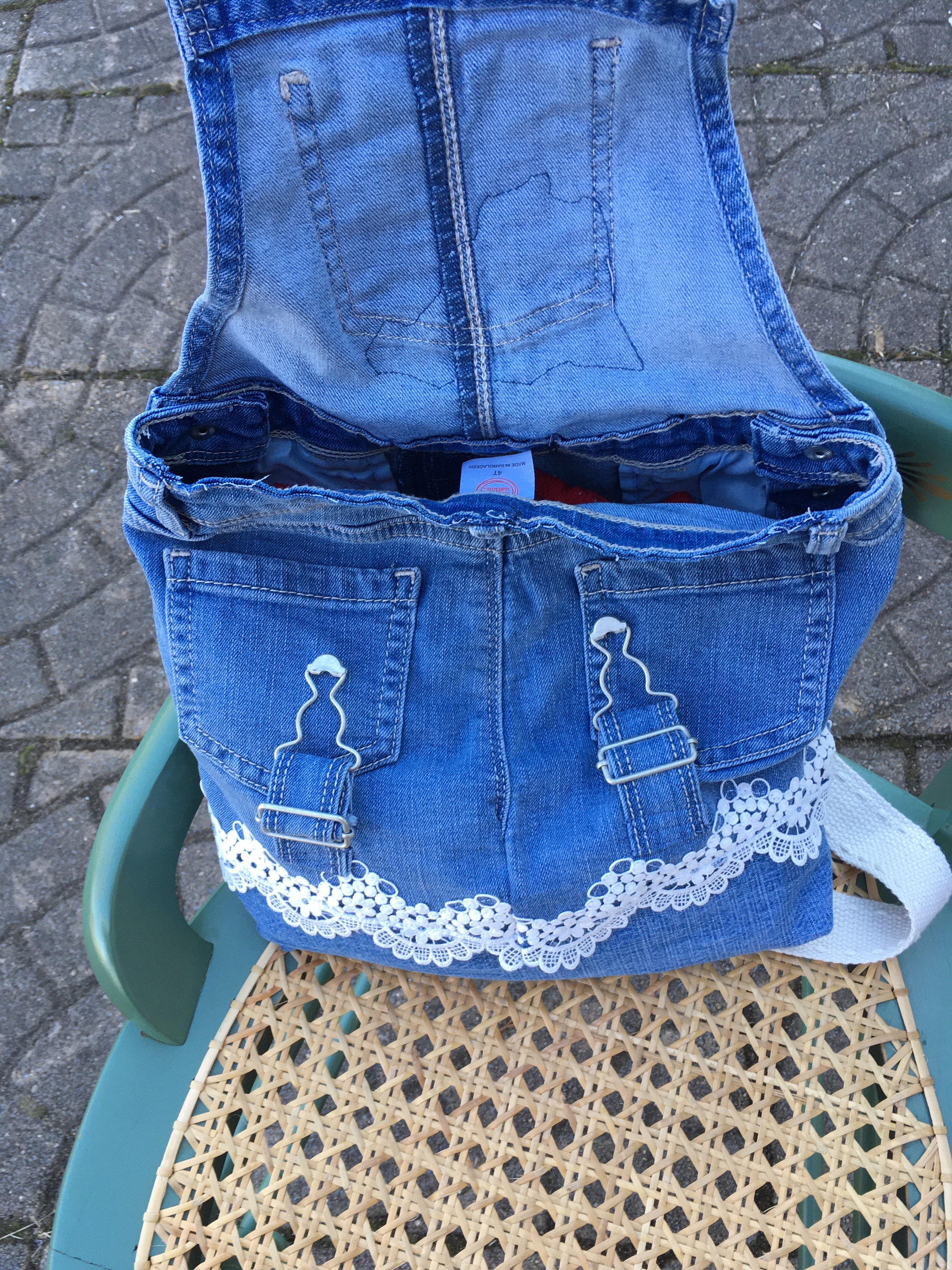 Lace Trimmed Denim Backpack Made From Bib Overalls. - Etsy
